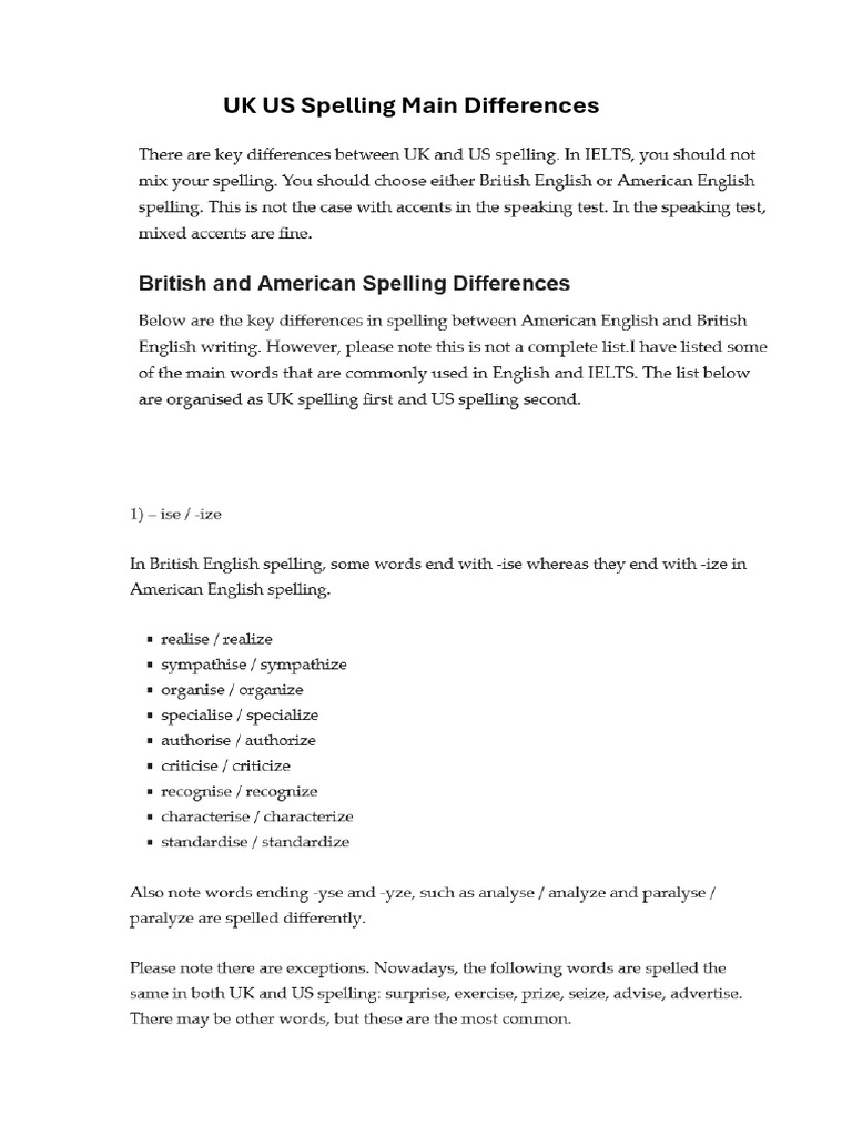 UK US Spelling Main Differences | PDF