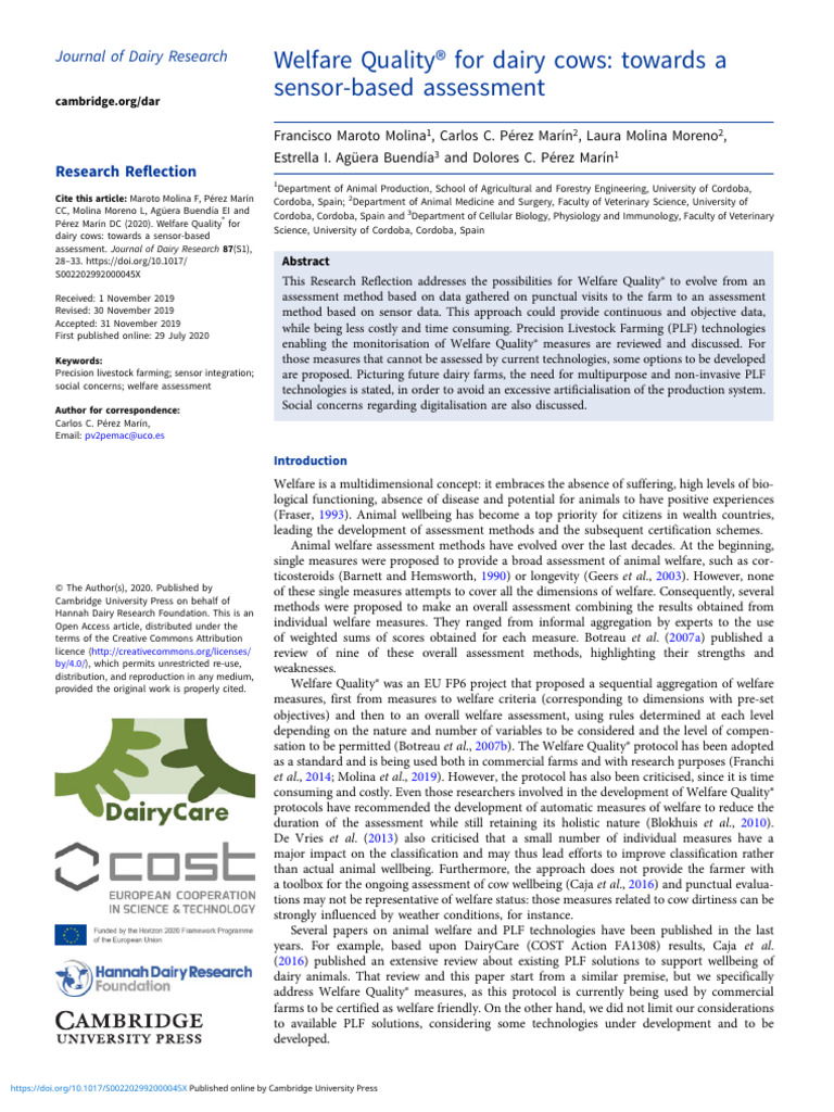 @welfare Qualityr For Dairy Cows Towards A Sensor Based Assessment | PDF | Cattle | Dairy Cattle