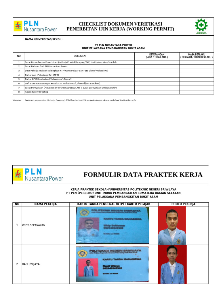 Format File Izin Kerja PKL PLN NP | PDF