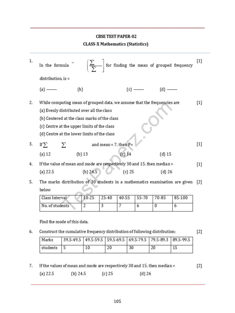 CBSE Class 10 Math Statistics Test Paper | PDF | Mean | Mode (Statistics)