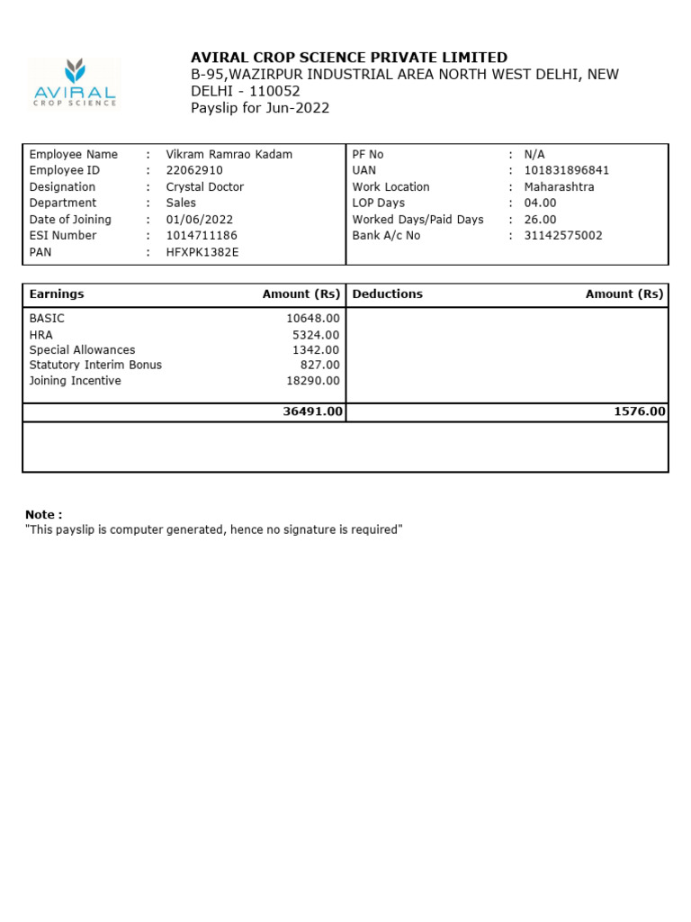 Employee Payslip - June 2022 | PDF