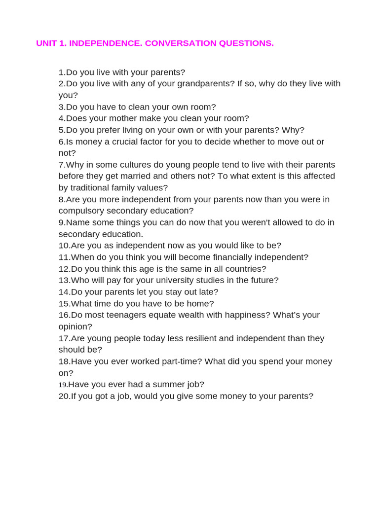 Unit 1. Independence. Conversation Questions. | PDF