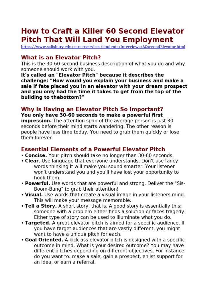 How To Craft A Killer 60 Second Elevator Pitch That Will Land You ...