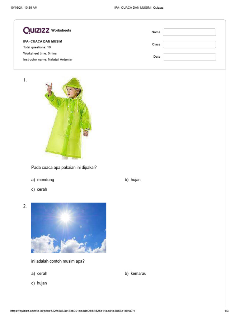 Quizizz - IPA - CUACA DAN MUSIM | PDF