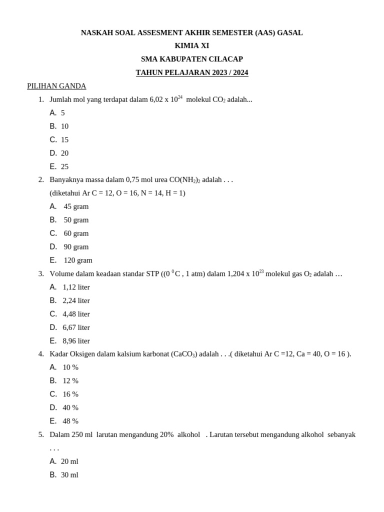 Soal Aas Kimia Xif Gasal 23-24 Bagi | PDF