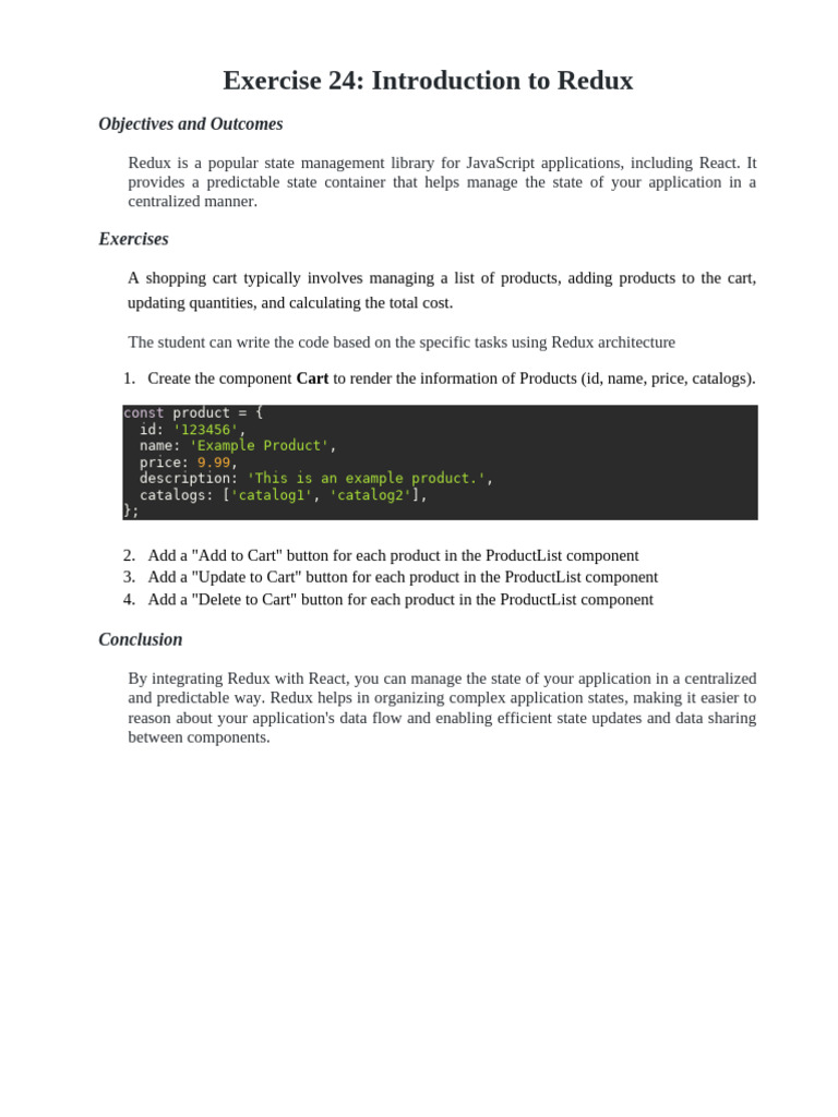 Exercise 24 - Introduction To Redux | PDF
