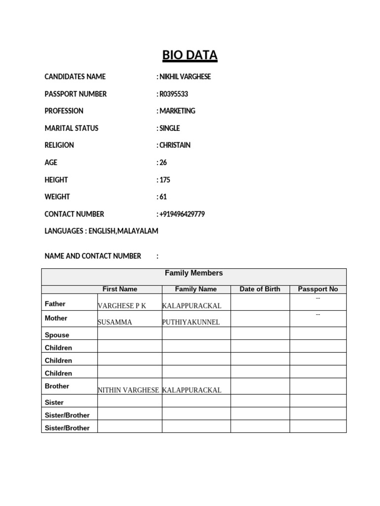 Nikhil Varghese Marketing Bio Data | PDF