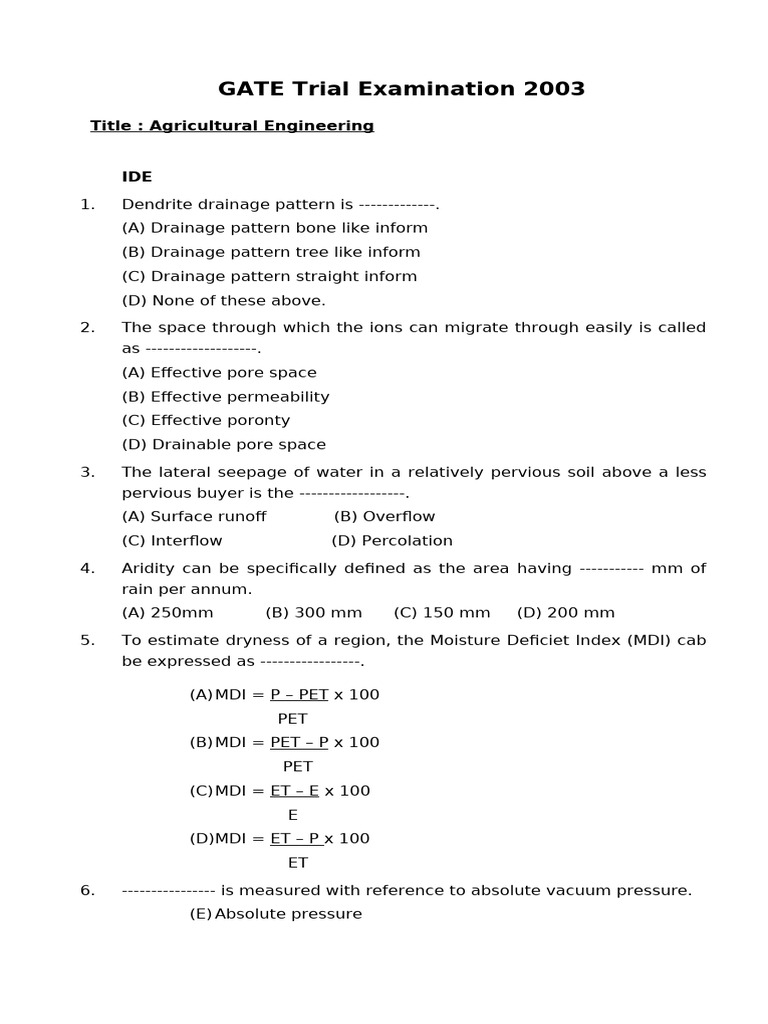 GATE 2003 Agricultural Engineering Exam | PDF | Belt (Mechanical) | Pump