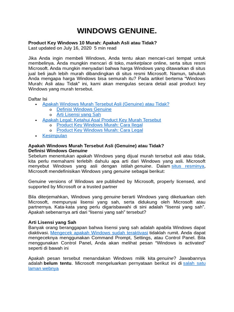 Windows - Penjelasan Tentang - Windows Genuine | PDF