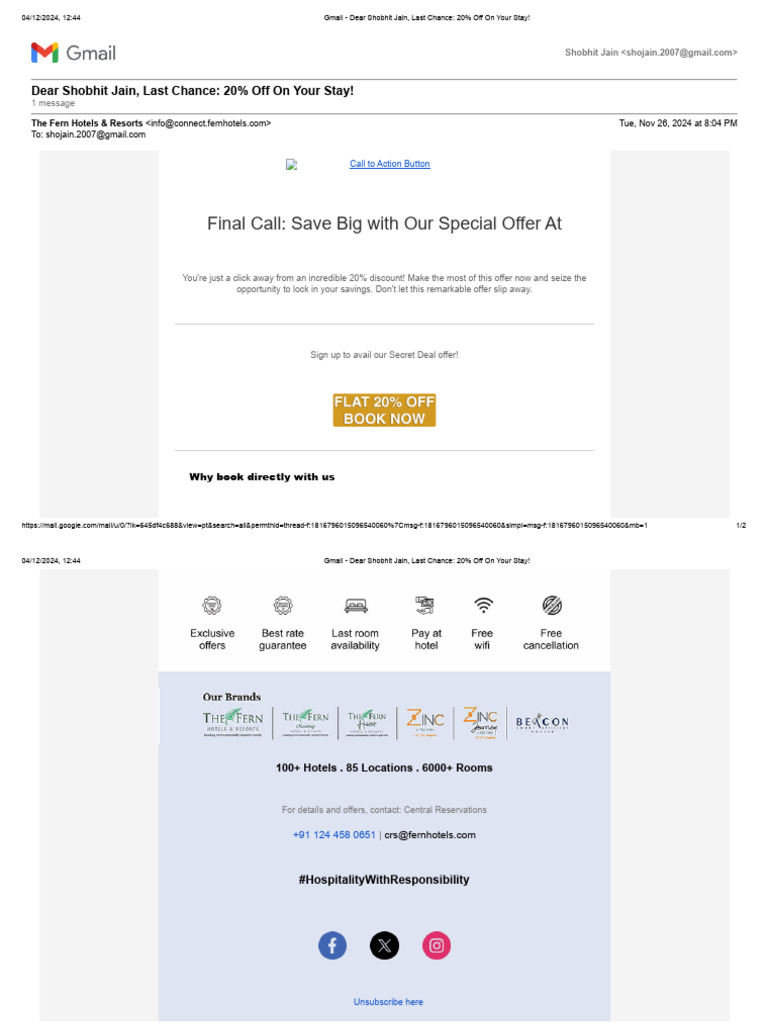 2.gmail - Dear Shobhit Jain, Last Chance - 20% Off On Your Stay! | PDF