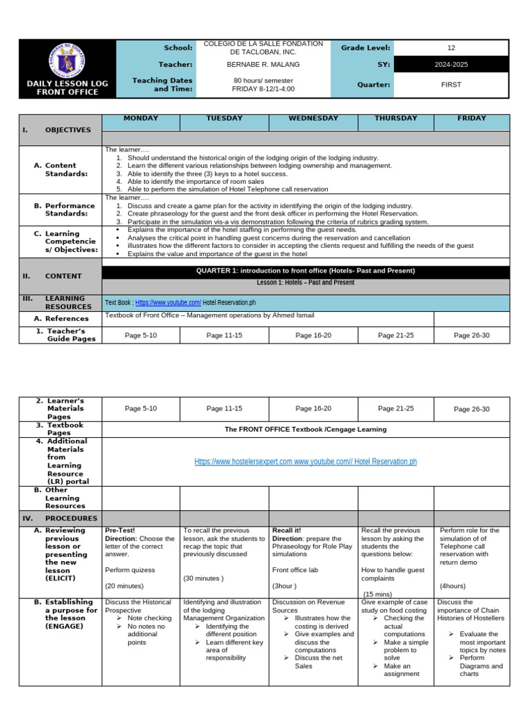 Daily Lesson Log - Front Office | PDF | Hotel | Learning