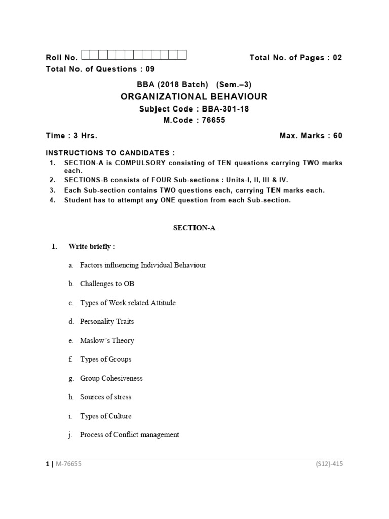 Organizational Behaviour: Roll No. Total No. of Pages: 02 Total No. of Questions: 09 BBA (2018 ...