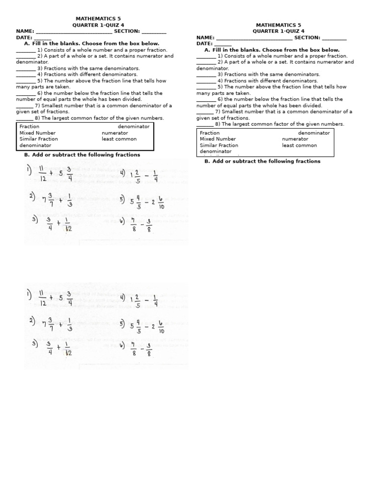 Q1-QUIZ4-ADD AND SUBTRACT FRACTIONS | PDF | Mathematical Concepts | Algebra