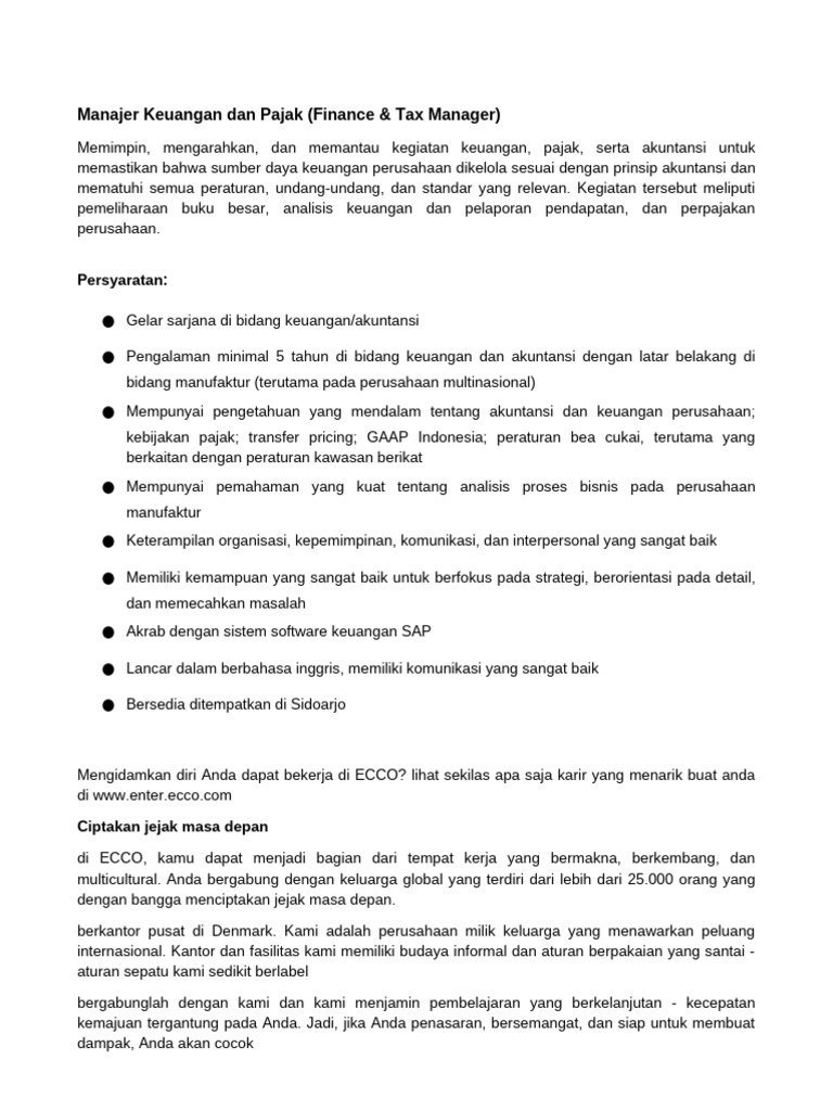 Lowongan Manajer Keuangan ECCO | PDF