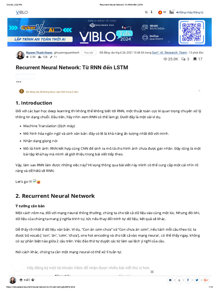 Recurrent Neural Network - Từ RNN đến LSTM | PDF