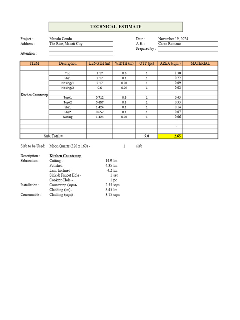 Manalo Condo Kitchen Countertop Estimate | PDF | Countertop | Building Engineering