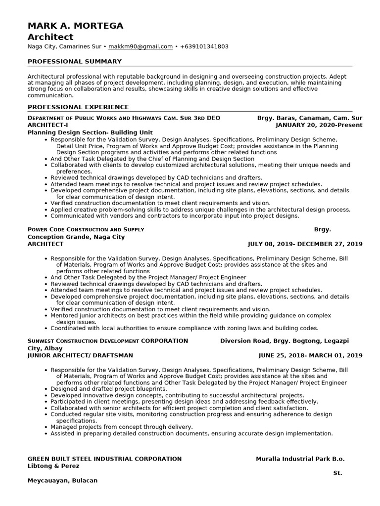 Architect Mark A. Mortega Resume | PDF | Technical Drawing | Architect