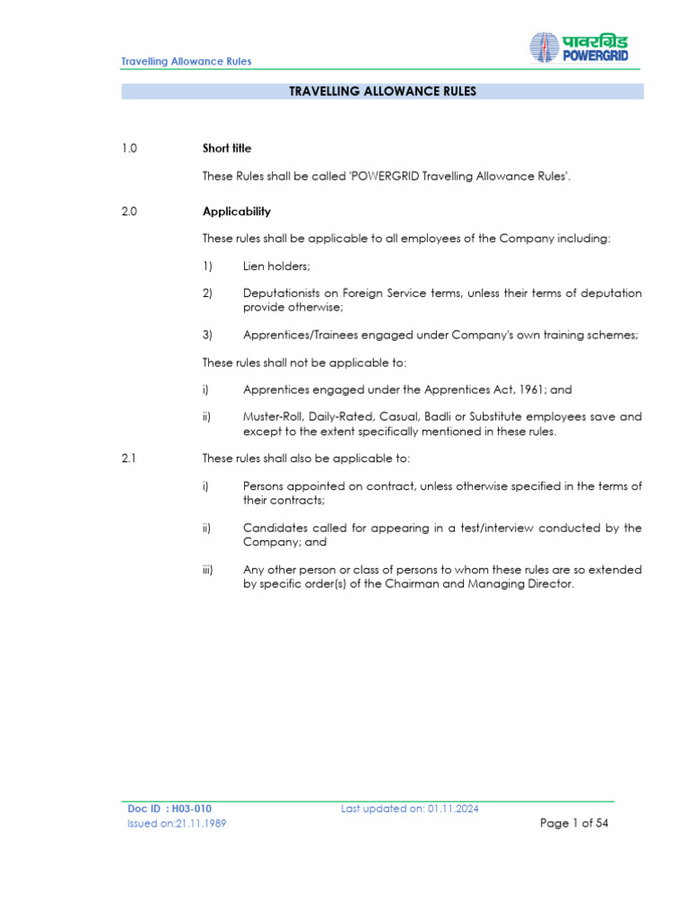 POWERGRID Travelling Allowance Rules | PDF | Per Diem