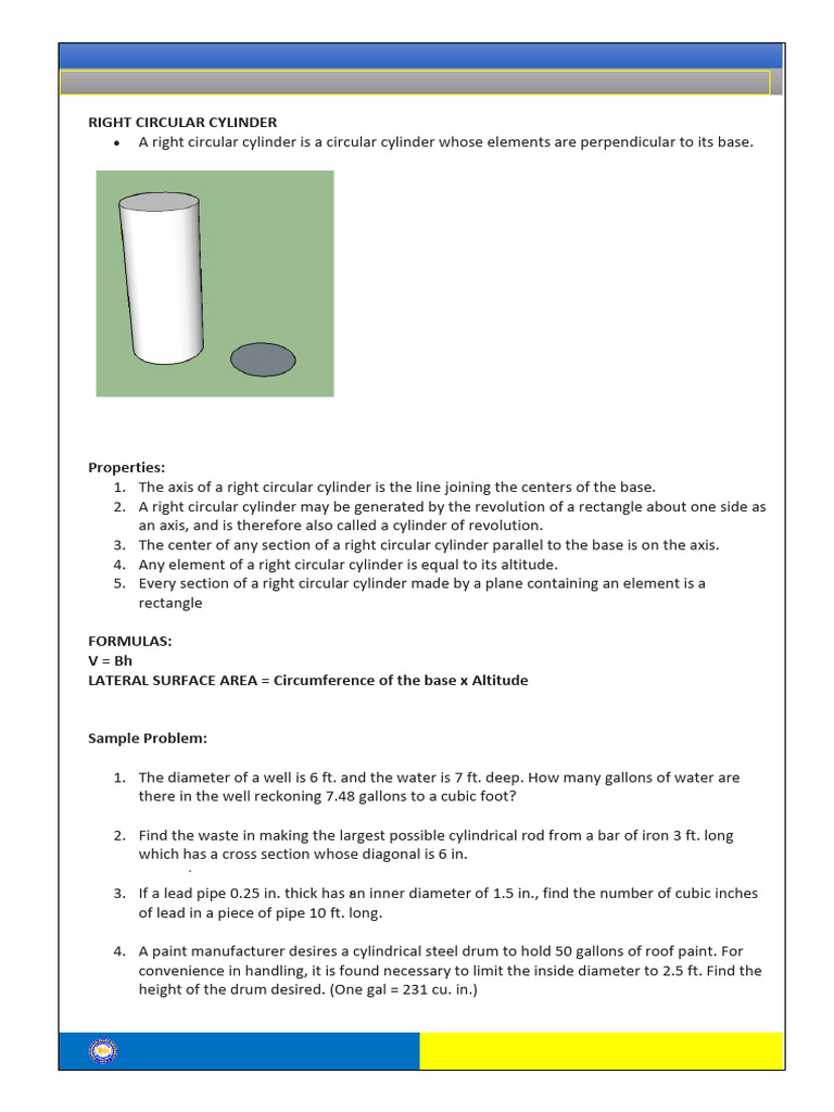 Right Circular Cylinder Properties & Formulas | PDF