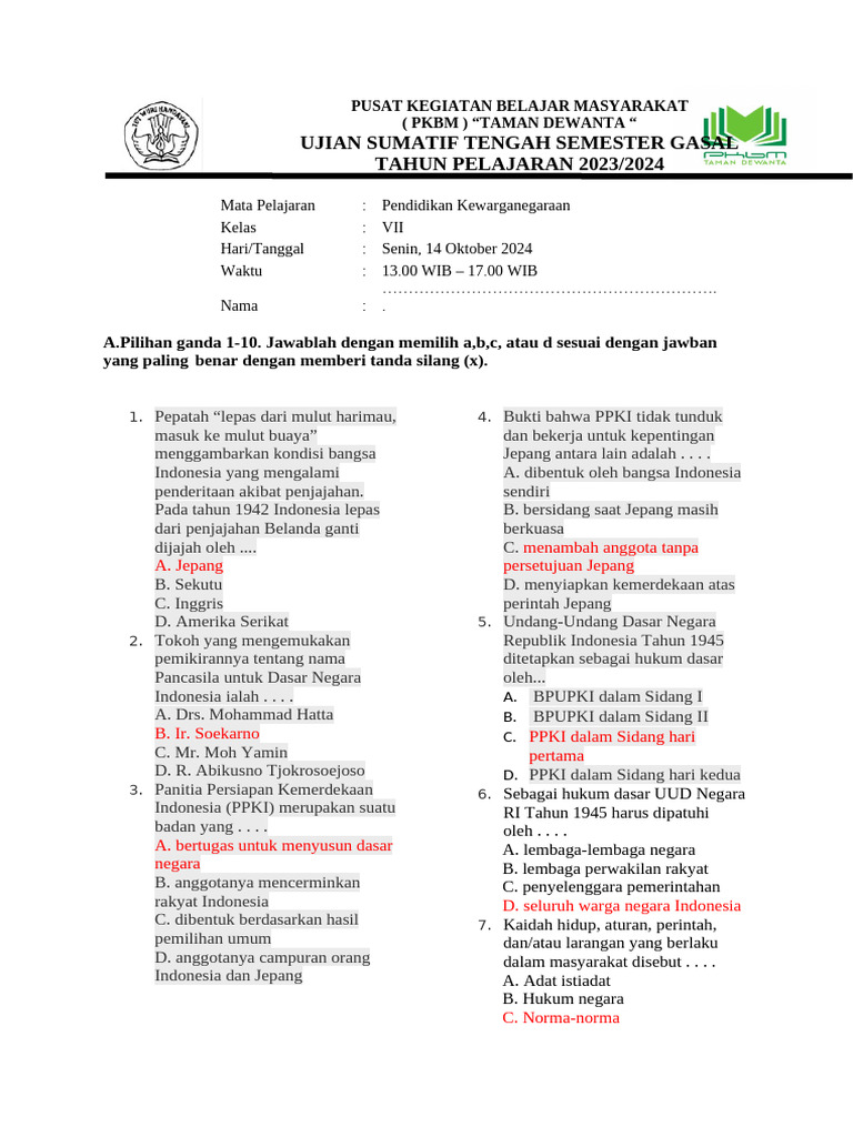 Kunci Jawaban - Sts PKN Vii | PDF