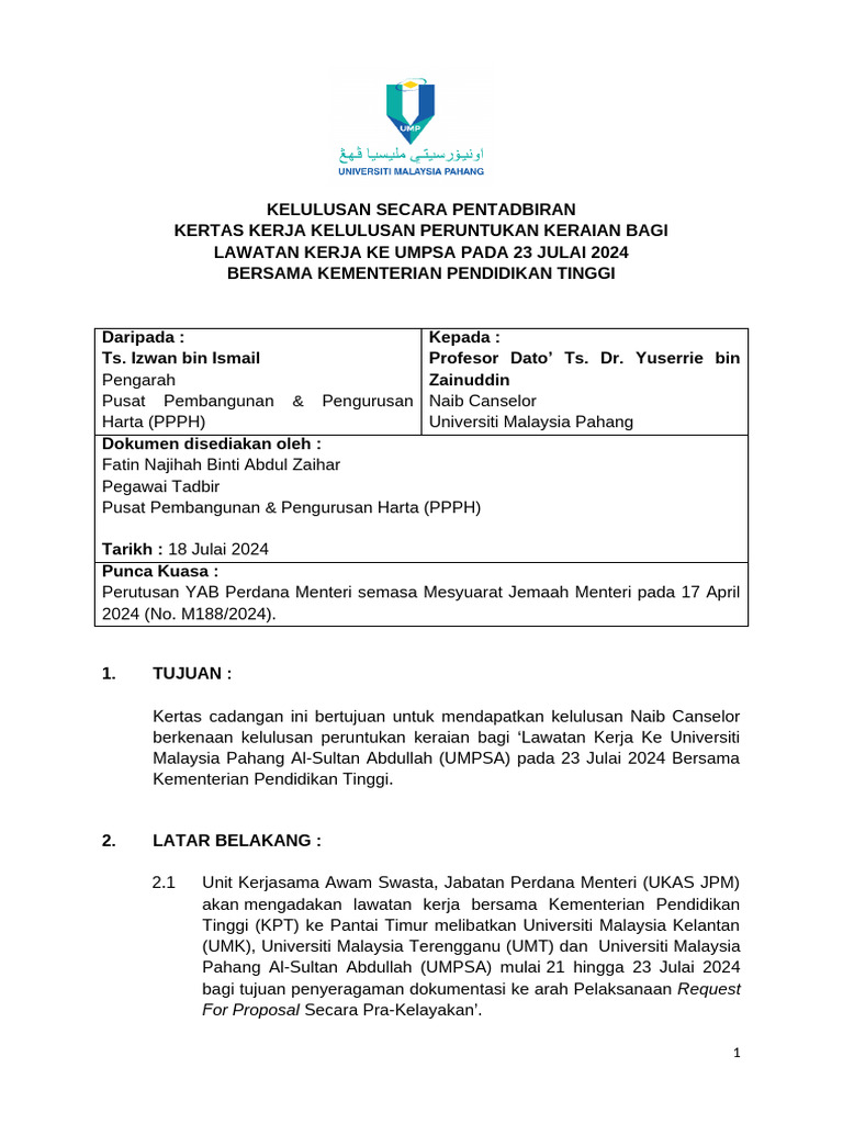 Kertas Kerja Kelulusan Peruntukan Keraian Ukas Dan KPT | PDF