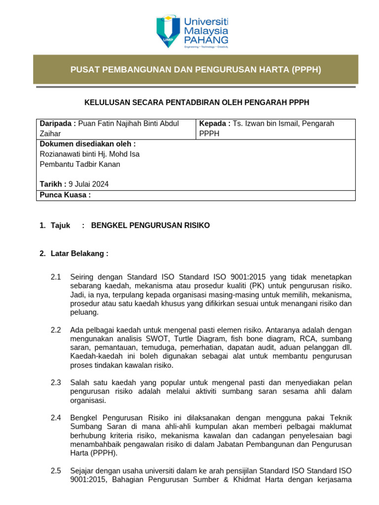 Kertas Kerja Bengkel Pengurusan RIsiko | PDF