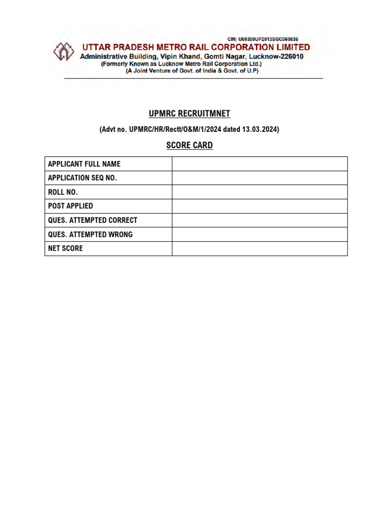 UPMRC Recruitment Score Card | PDF