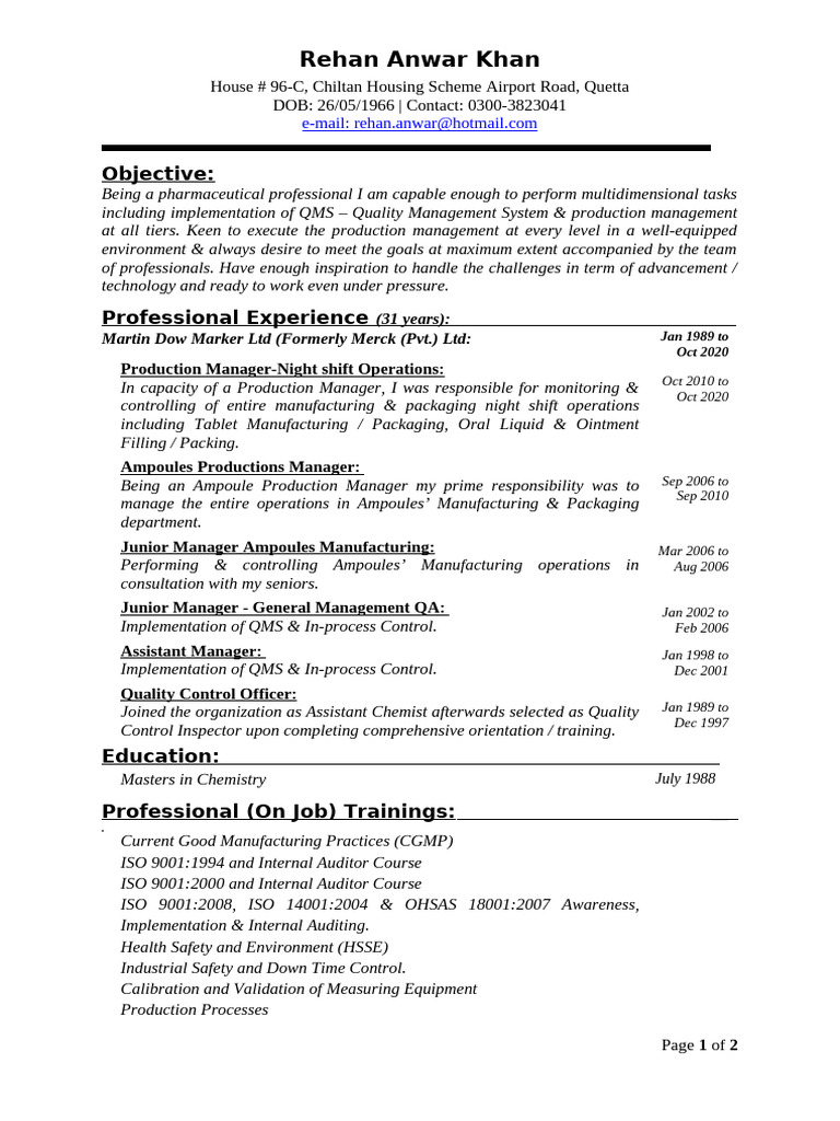 Rehan Anwar Khan - CV Dec 2020 | PDF | Quality Management System | Business