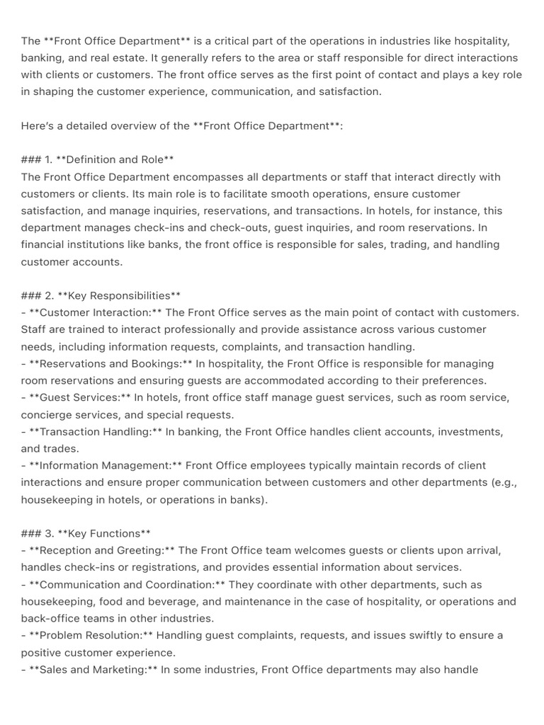 Front Office Department Overview | PDF | Customer Relationship ...