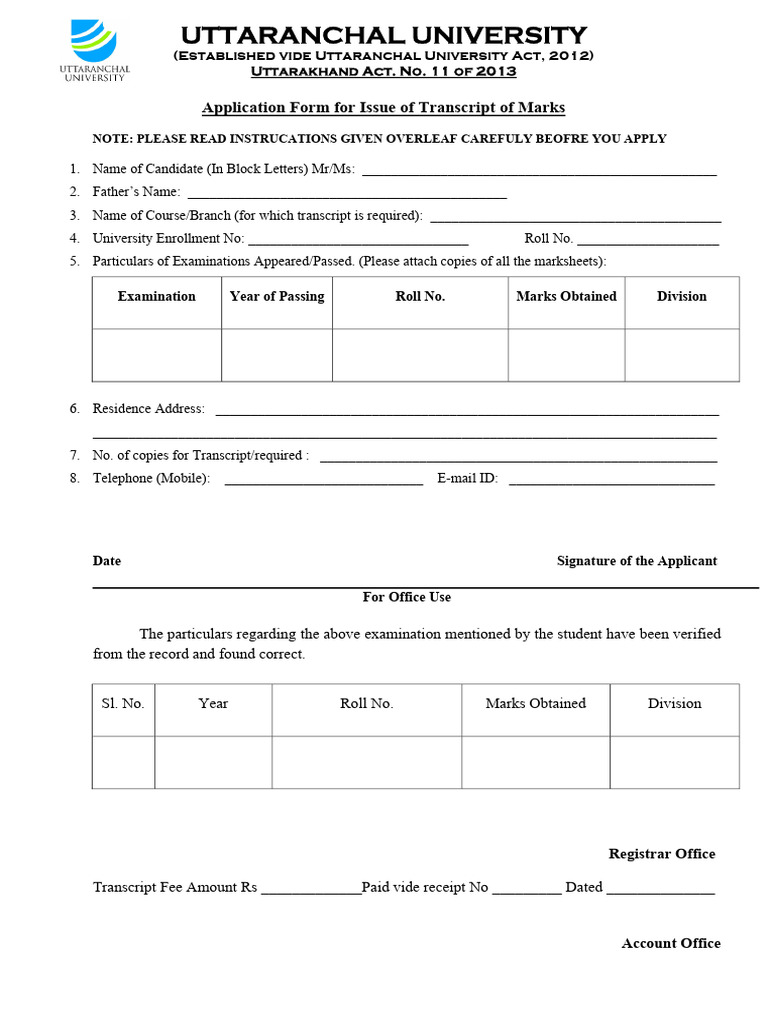 Uttarakhand University Transcript Application | PDF