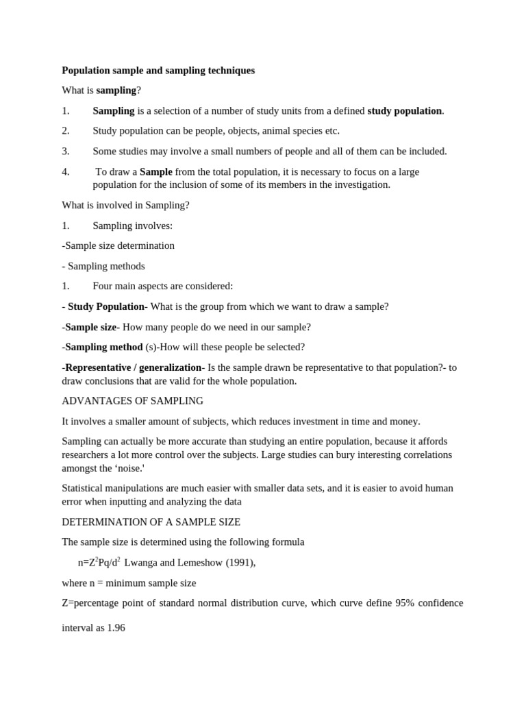 Population Sample and Sampling Techniques | PDF | Sampling (Statistics) | Sample Size Determination