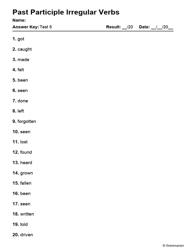 Grammarism Past Participle Irregular Test 5 Answers 2373081 | PDF