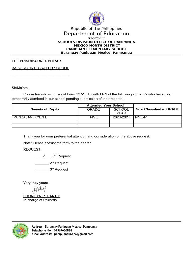Request Letter SF10_Form137 | PDF