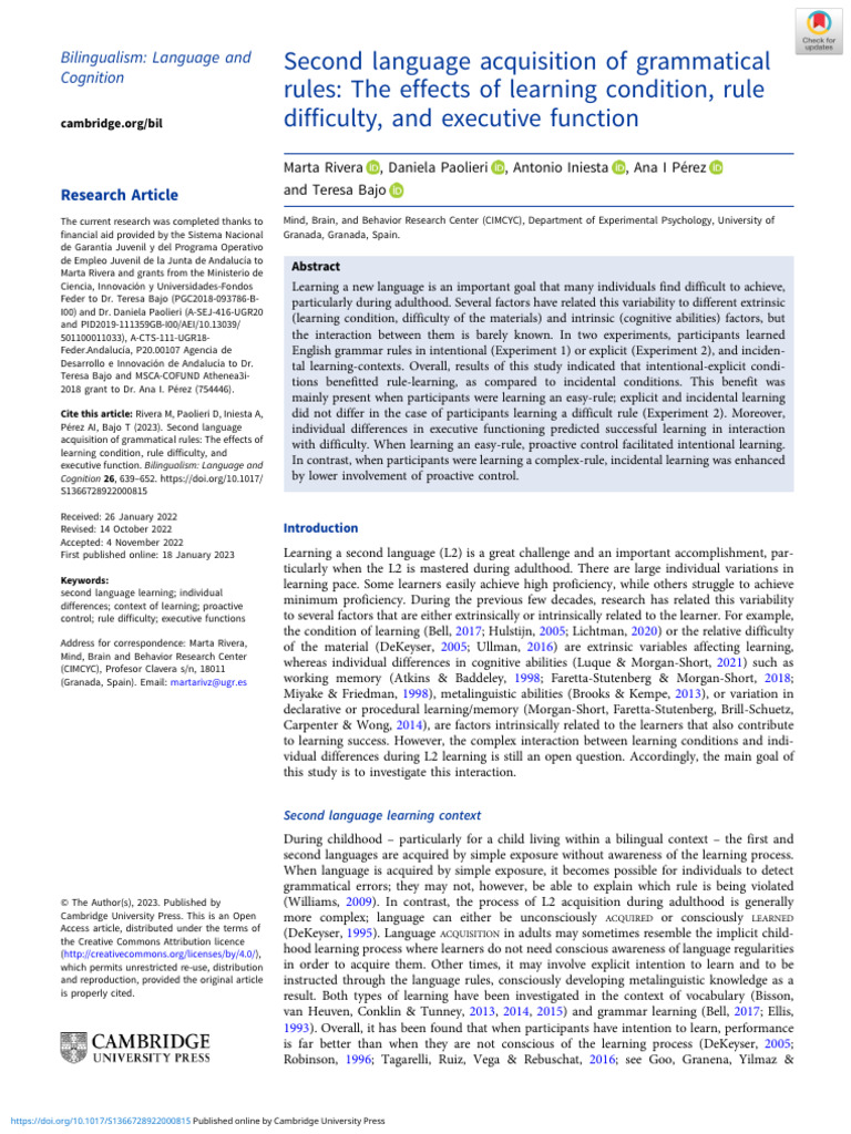 Second language acquisition of grammatical rules | PDF | Second Language | Learning