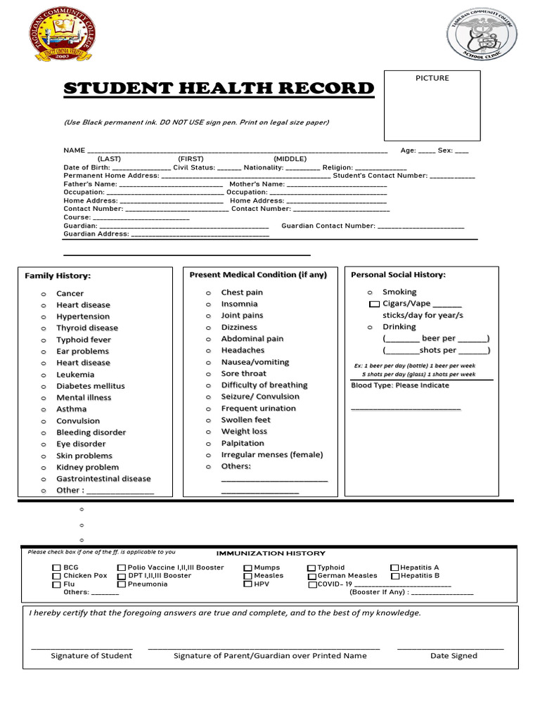 Student Health Record Form | PDF | Vaccines | Medicine