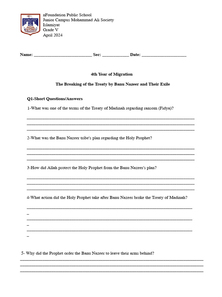 4- Islamiat Review Sheet 4-4th Year of Migration - Google Docs | PDF