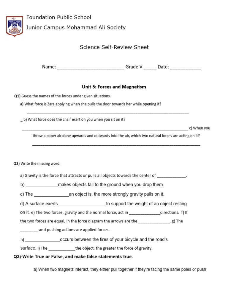 2 - Science Self Review Sheet Unit 5 Forces and Magnatism | PDF | Force ...