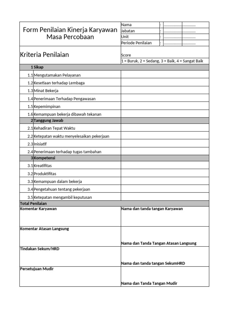 Form Penilaian Karyawan (1) | PDF