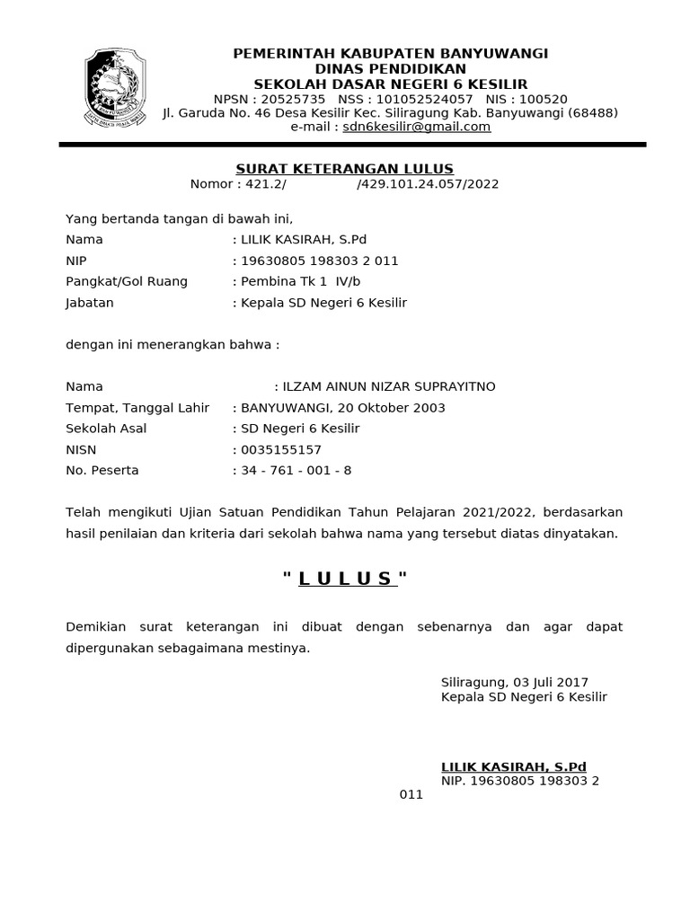 Surat Keterangan Lulus SD Kesilir | PDF