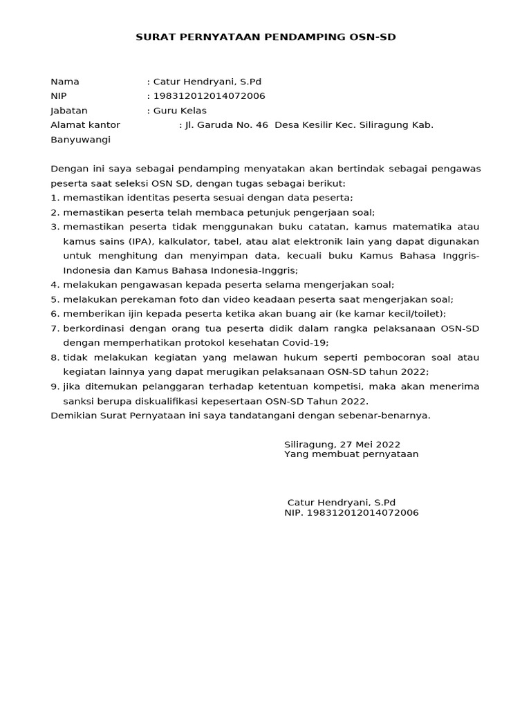Surat Pernyataan Pendamping Osn SD | PDF