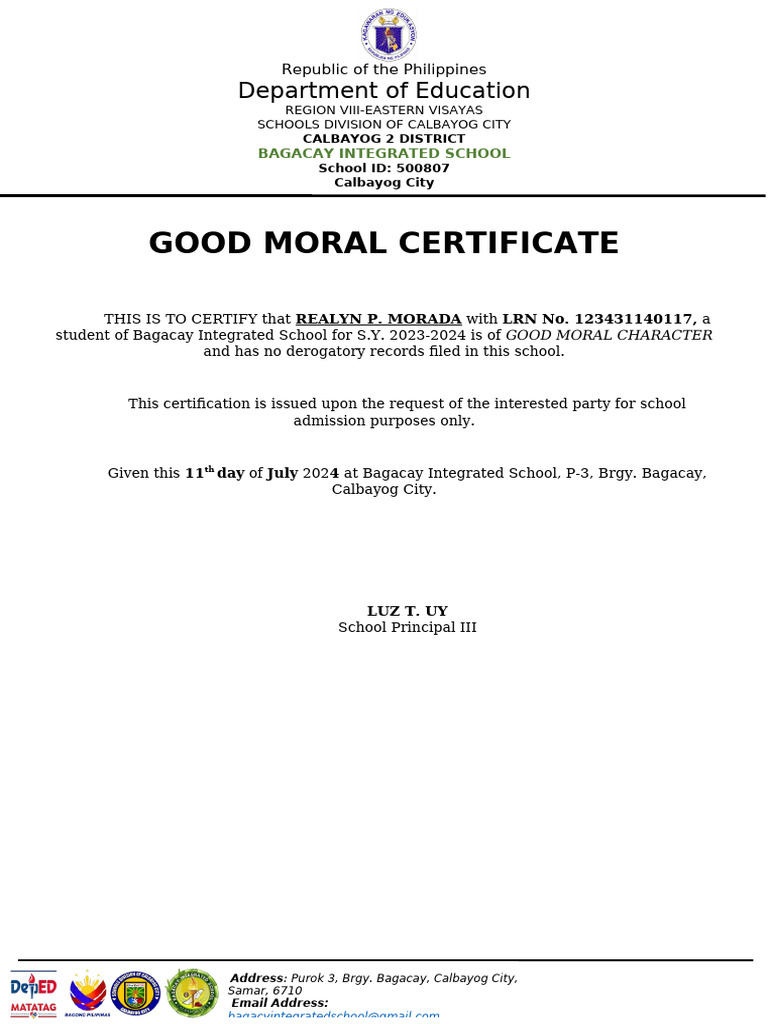 Good Moral Certificate for Realyn P. Morada | PDF
