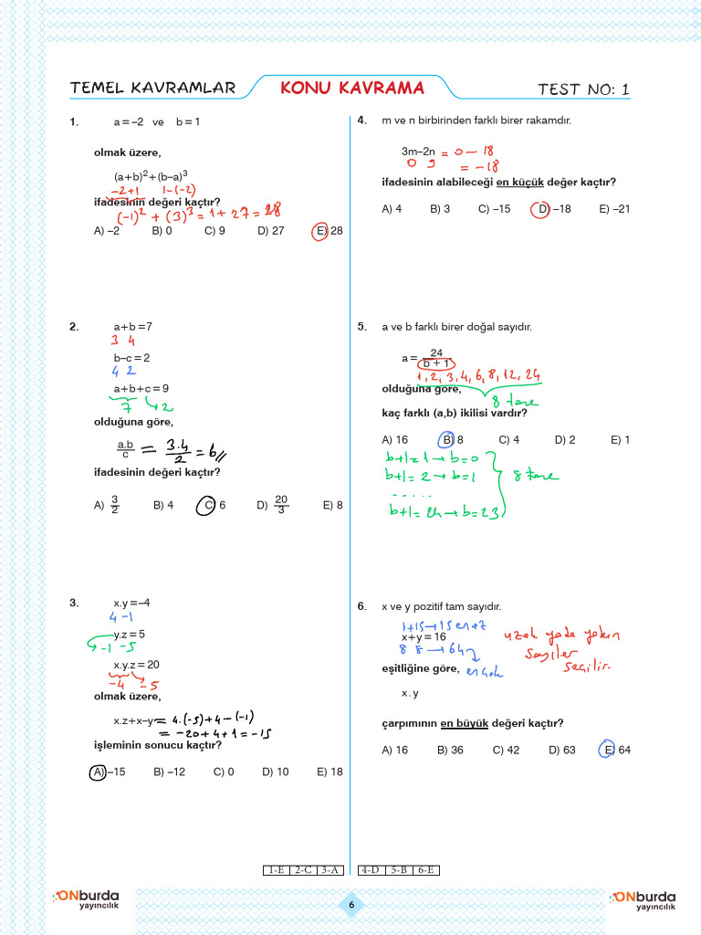TYT MAT SB Temel Kavramlar Test 01 | PDF