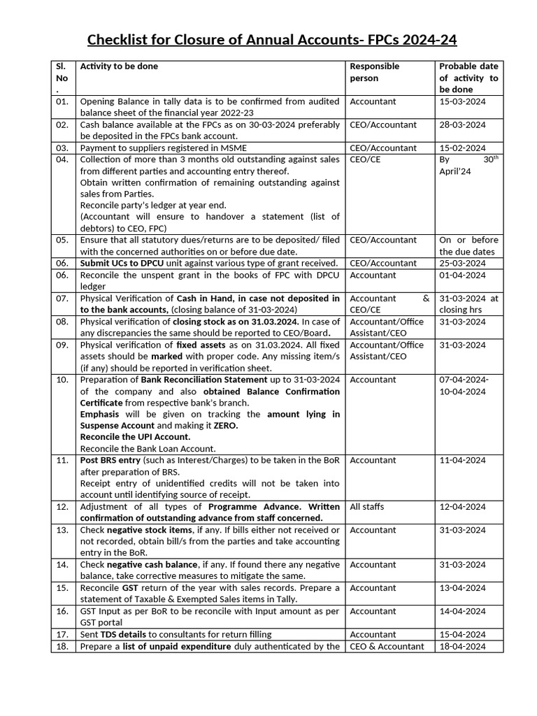 Annual Accounts Closure Checklist 2023-24 | PDF | Debits And Credits ...