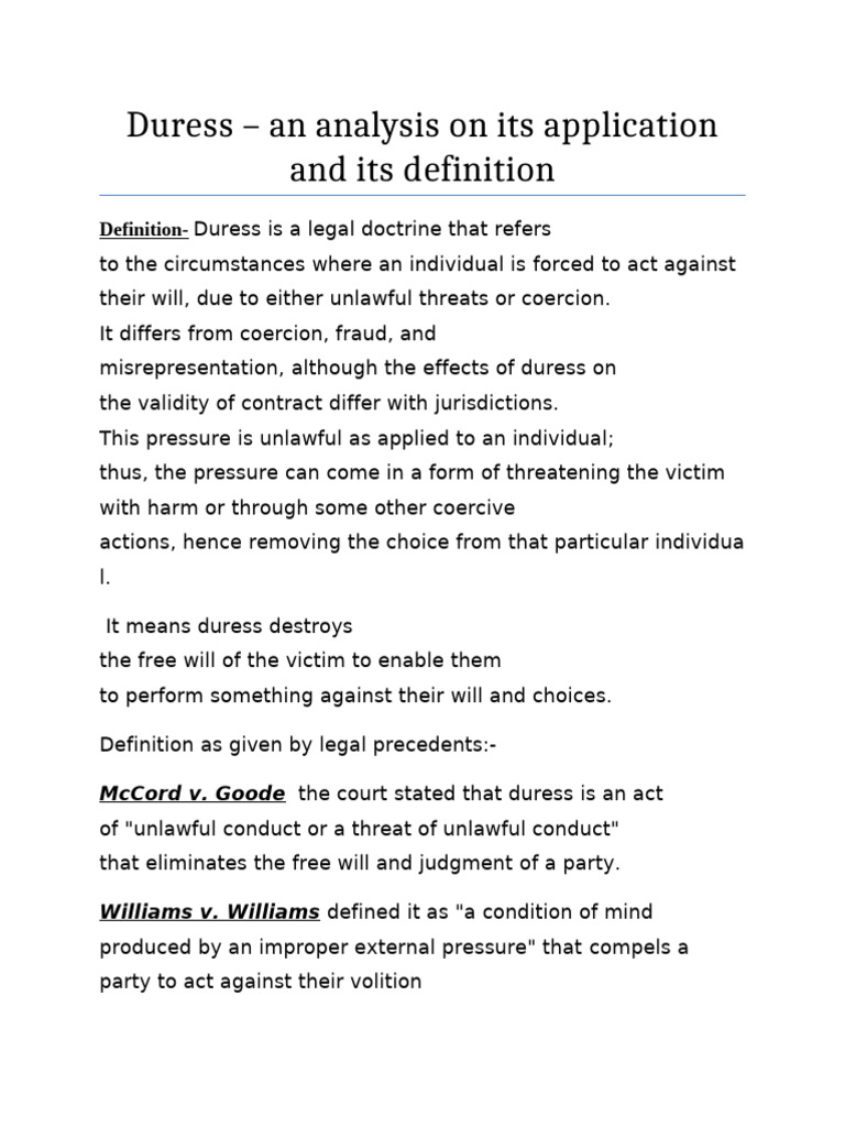 Duress- definition and case laws | PDF | Coercion | Justice