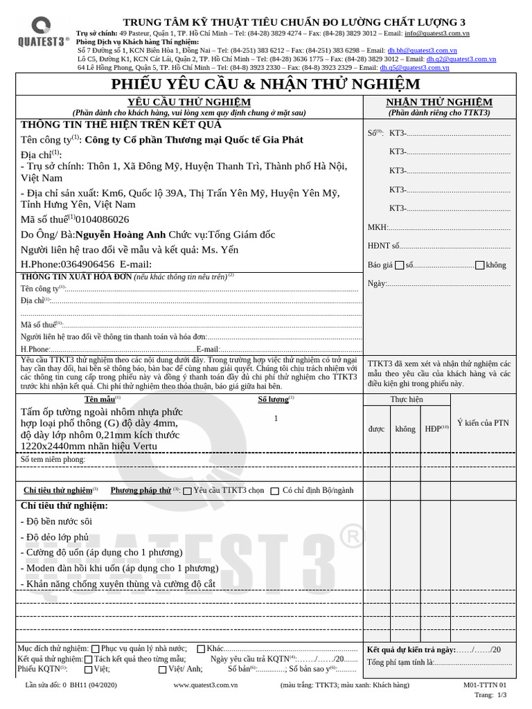 M01-TTTN 01 - Phieu Yeu Cau Thu Nghiem | PDF