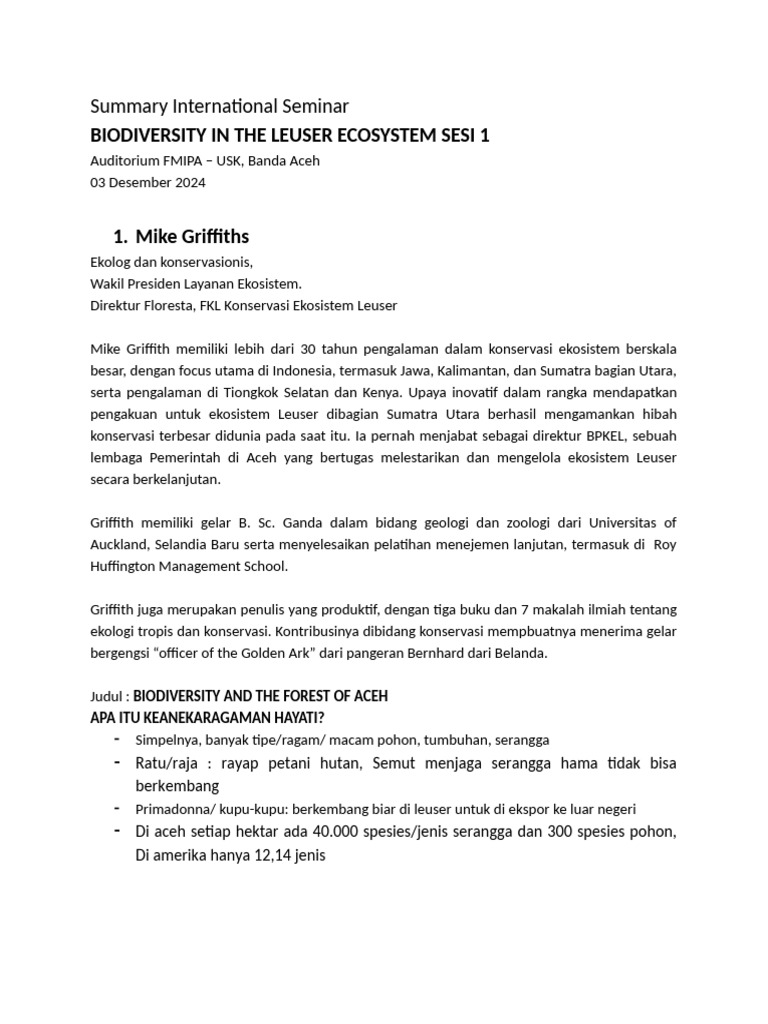 Summary International Seminar - Biodiversity in the Leuser Ecosystem oleh Putri Aisyah Alfaiza | PDF