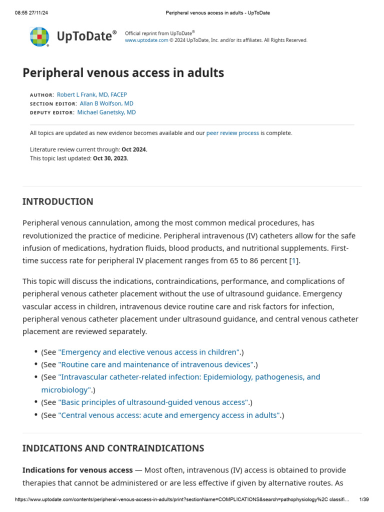 Peripheral Venous Access in Adults - UpToDate | PDF | Intravenous ...