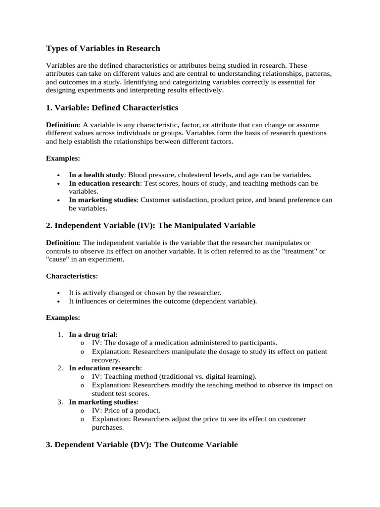 Research Variable Types Explained | PDF | Experiment | Dependent And Independent Variables