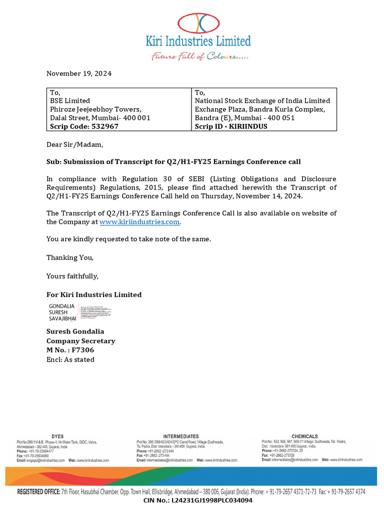 Scrip Code: 532967 Scrip Id - Kiriindus: For Kiri Industries Limited ...