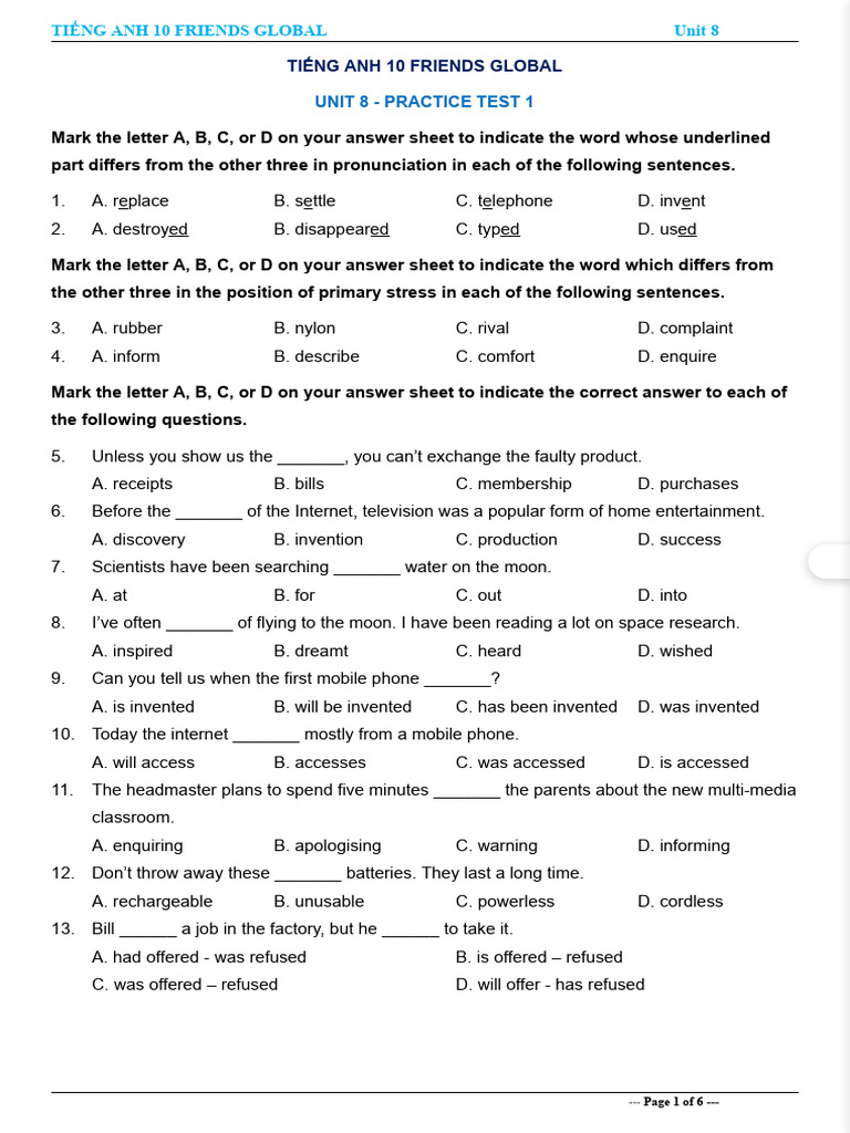Tieng Anh 10 Friends Global - Unit 8 - Test 1.docx - Google Tài liệu | PDF